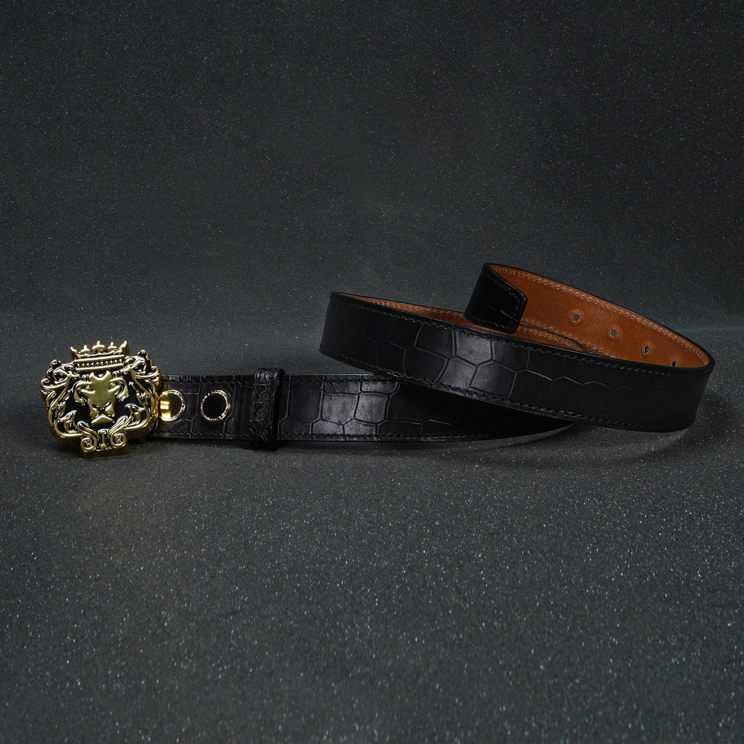 Detachable Trademark Buckle Belt in Black Croco Textured Leather