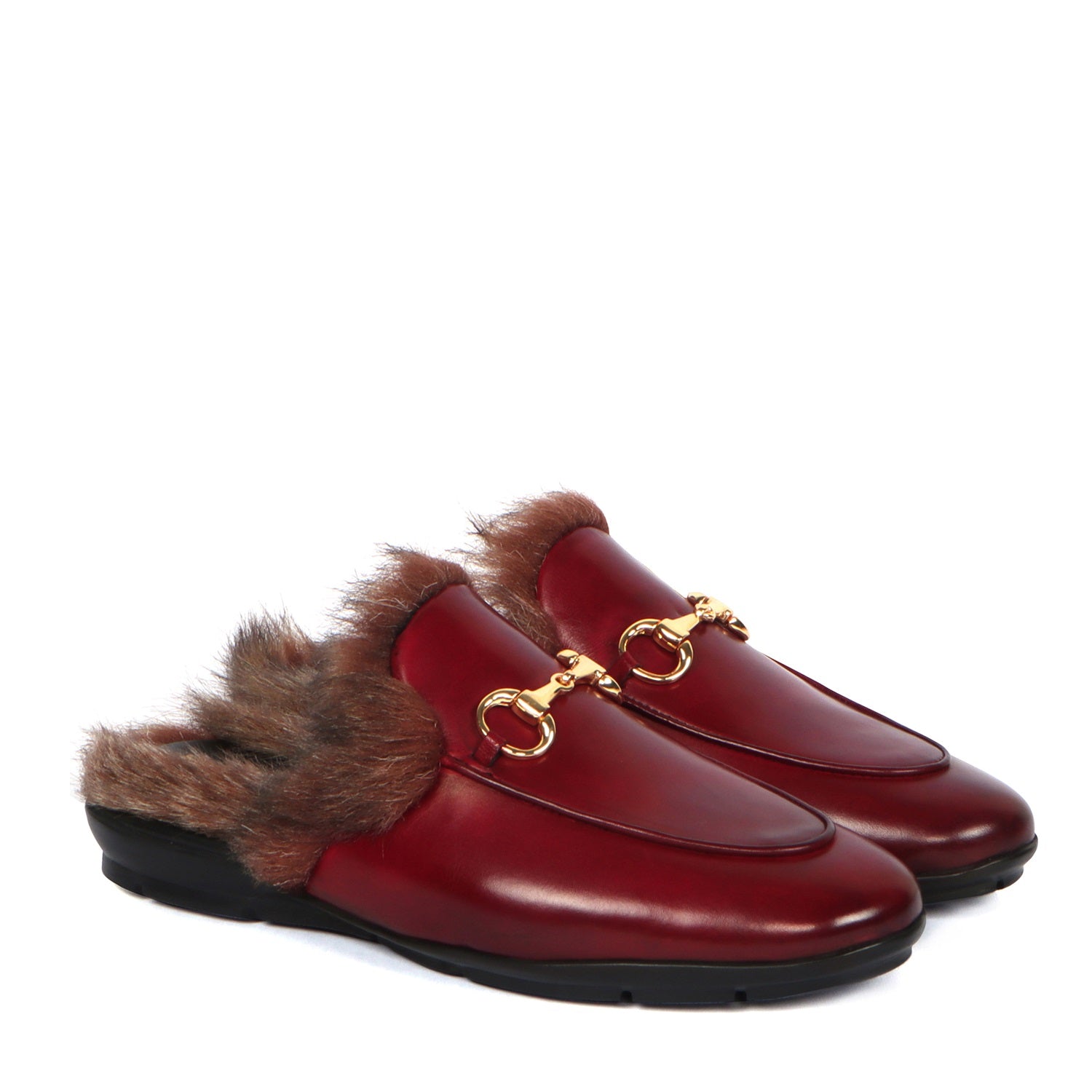Furry Mules Light Weight Wine Leather Formal Horsebit Buckle With Slip