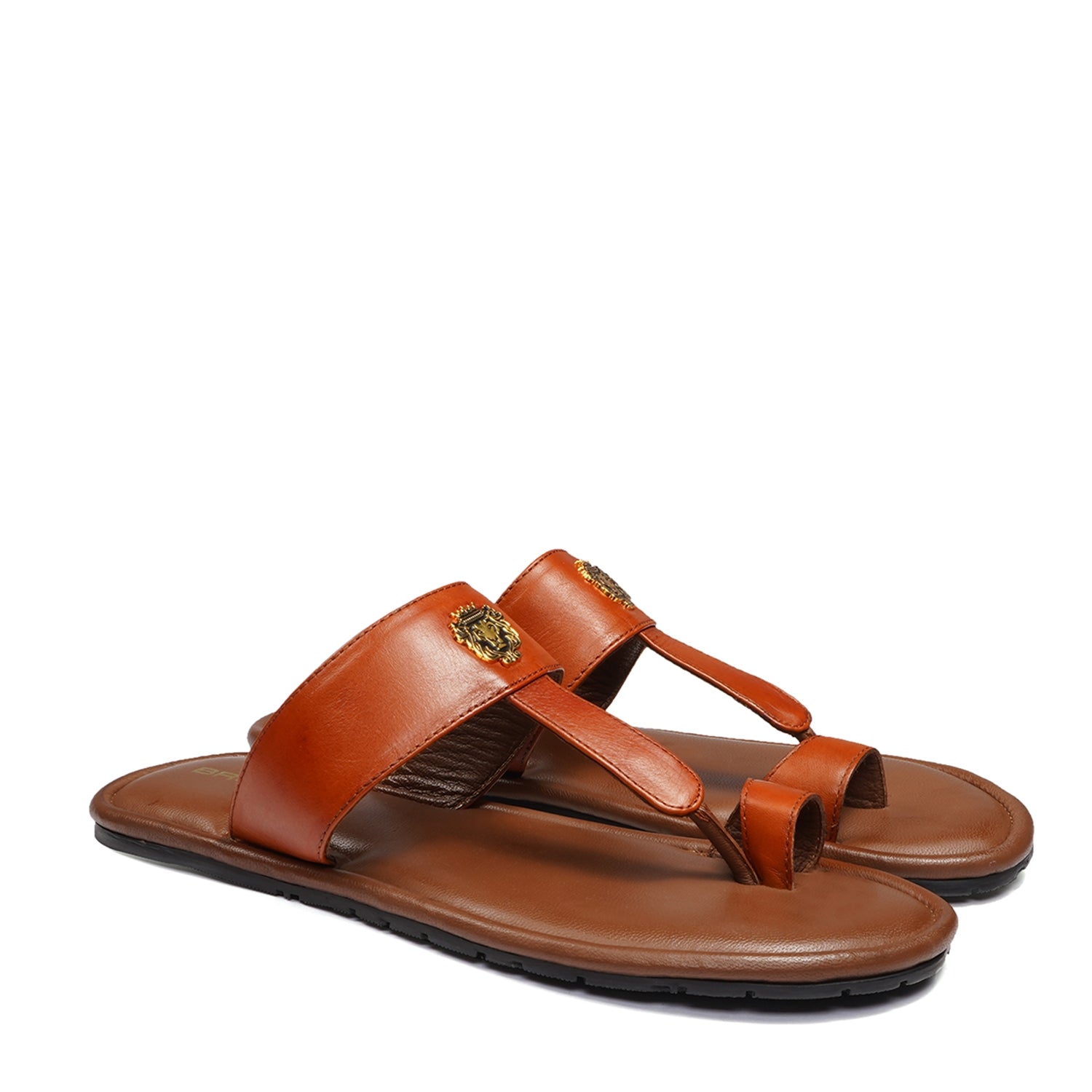 Tan T-Bar Slide-In-Slippers with Metal Lion Logo
