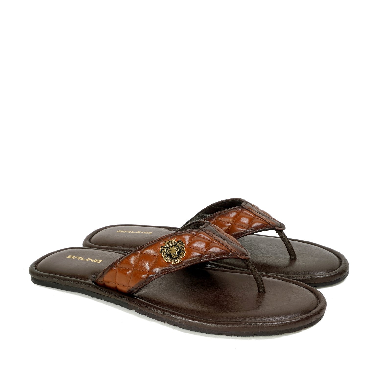 Quilted V-Strap Slippers with Padded Base in Tan Leather