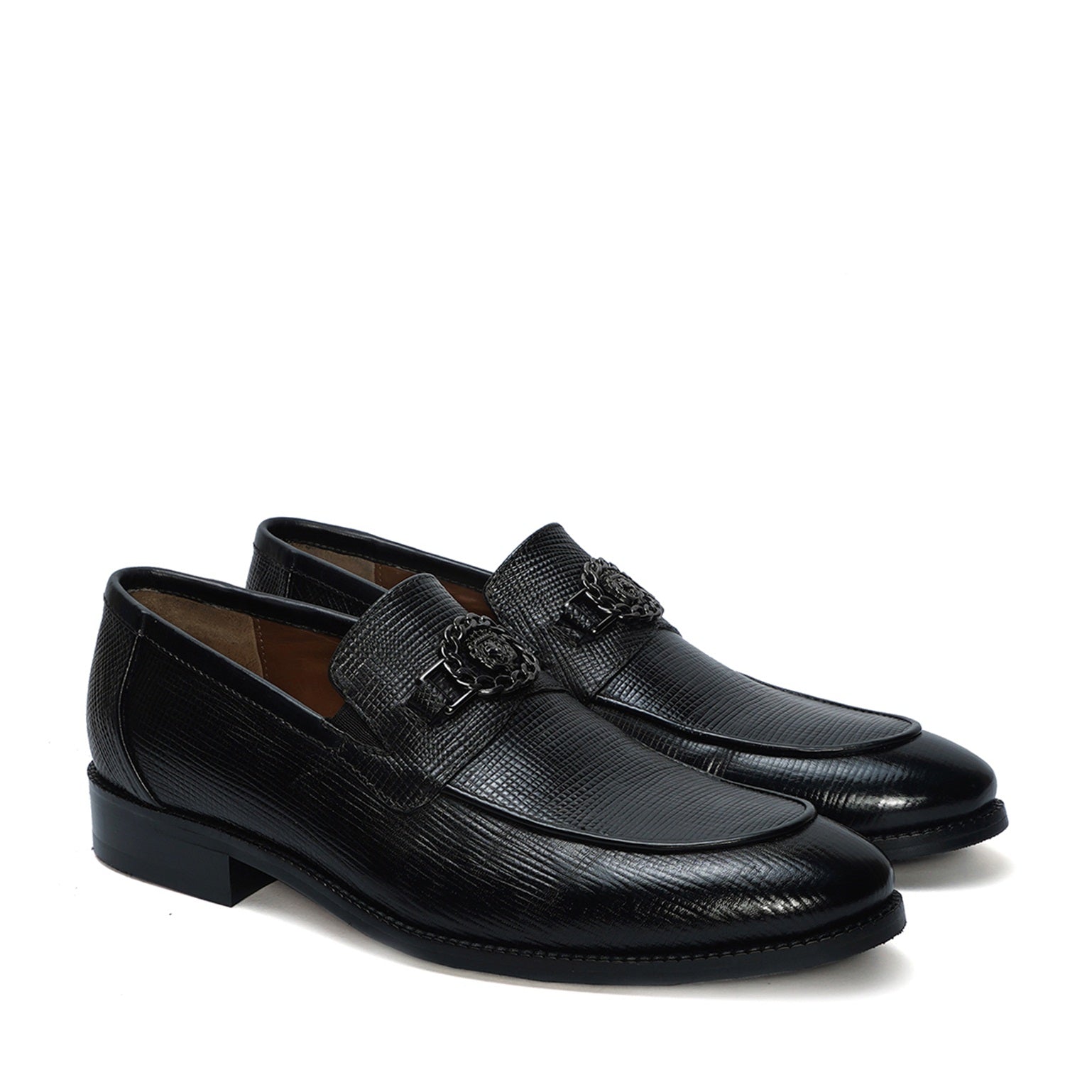 Black Saffiano Leather Loafer with "Brune & Bareskin" Chain Embellishm