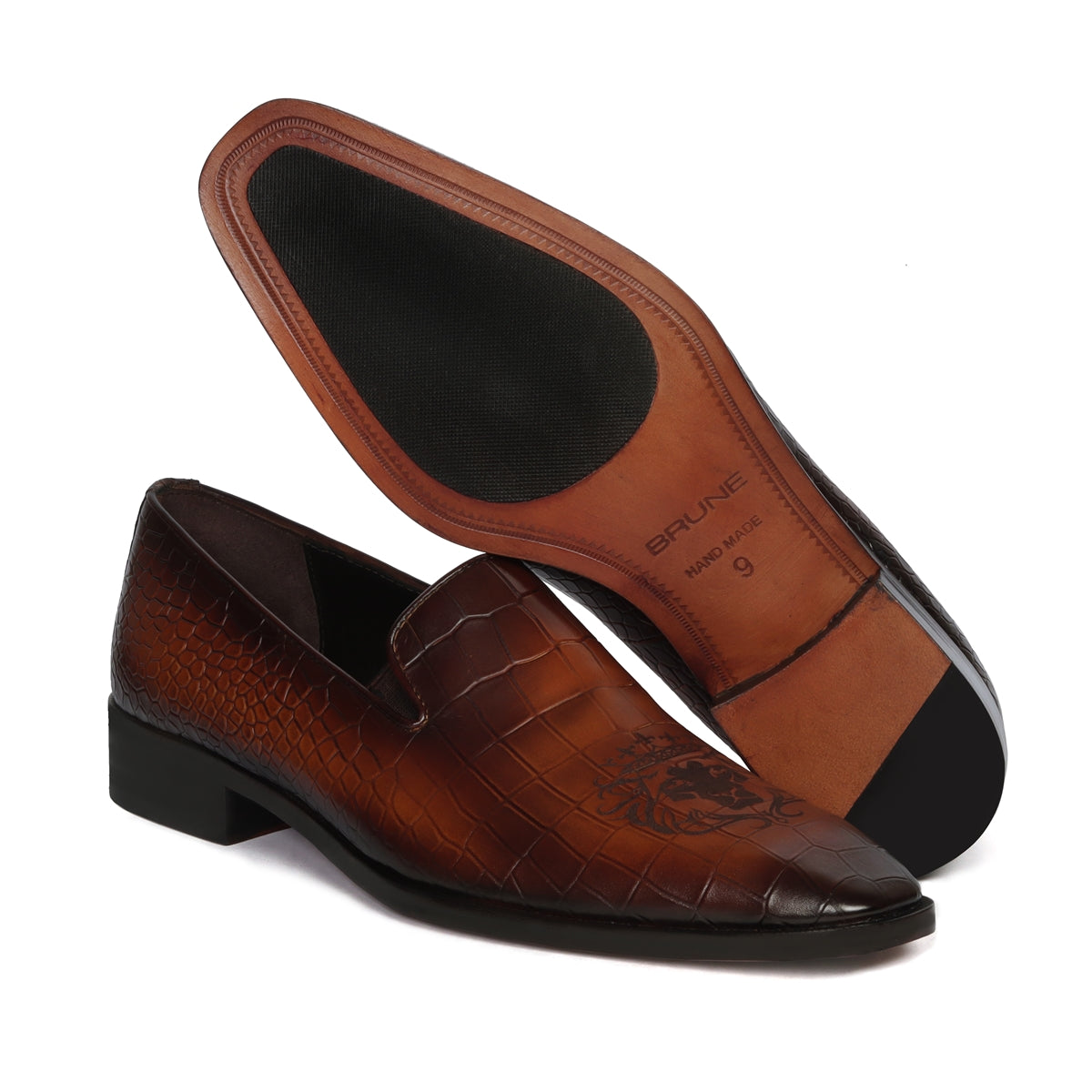 Laser Engraved Burnished Tan Loafer in Deep Cut Croco Textured Leather