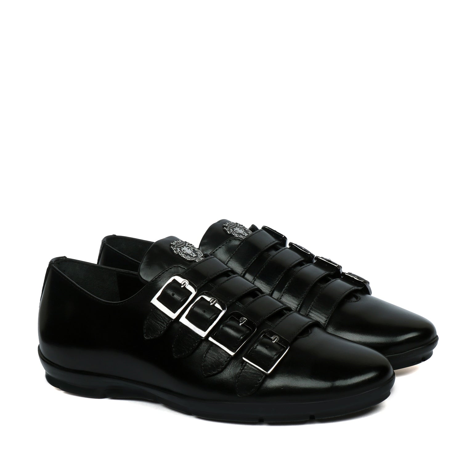 Light Weight Black Genuine Leather Parallel Monk Straps Sneakers Shoes